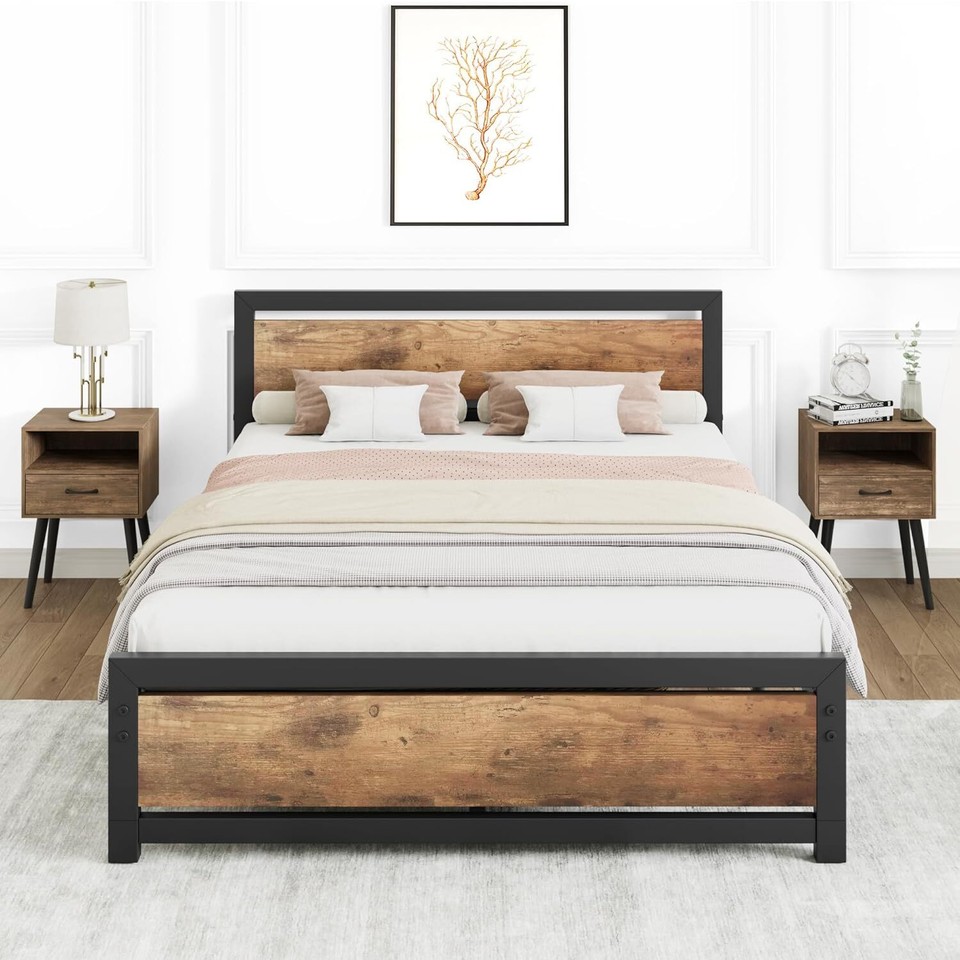 Full Queen King Size Bed Frame with Wooden Headboard Heavy Duty Metal ...