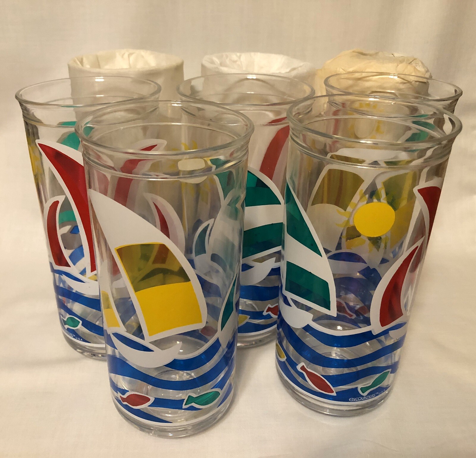 Culver Encounters Set of Pitcher & 8 Highball Tumbler Glasses Sailboats ...