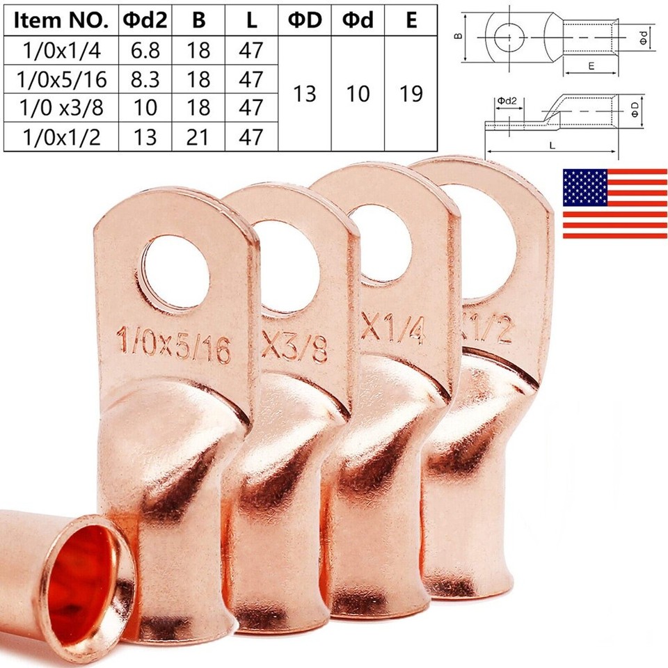 Bare Copper Lugs Ring Terminals Battery Wire Welding Cable Connectors 8 ...