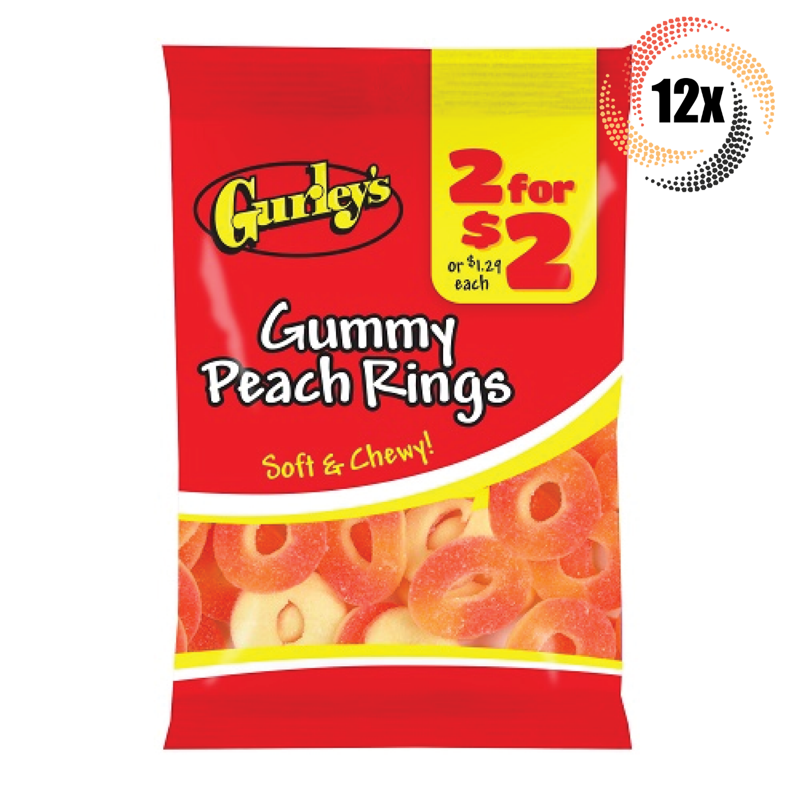 12x Bags Gurley's Gummy Peach Flavor Rings Chewy Candy | 2.75oz | Fast ...