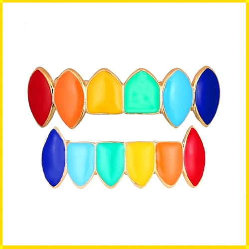 6ix9ine Teeth Golden Rainbow 69 HipHop Colorful Dent Teeth Grillz Top ...