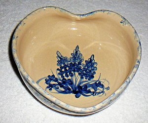 E.P. POTTERY BOWL~Heart Shape~Blue Sponge~Floral~Signed~Dated~7.5" By 2 ...