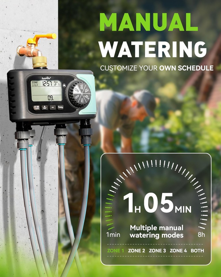 Sprinkler Timer, 4 Outlets Hose Timer with Brass Inlet with Rain Delay ...
