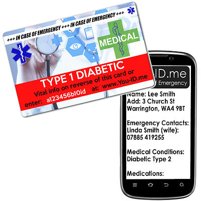 Type 1 Diabetic Medical Emergency ID Card ICE FREE Silver Medic Alert ...