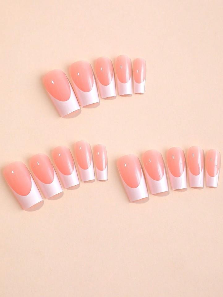 24pcs Long Square Two Tone Fake Nail French Tip Press On Nails | eBay