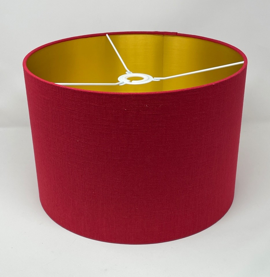 Lampshade Dark Red Textured 100% Linen Brushed Gold Drum Light Shade ...