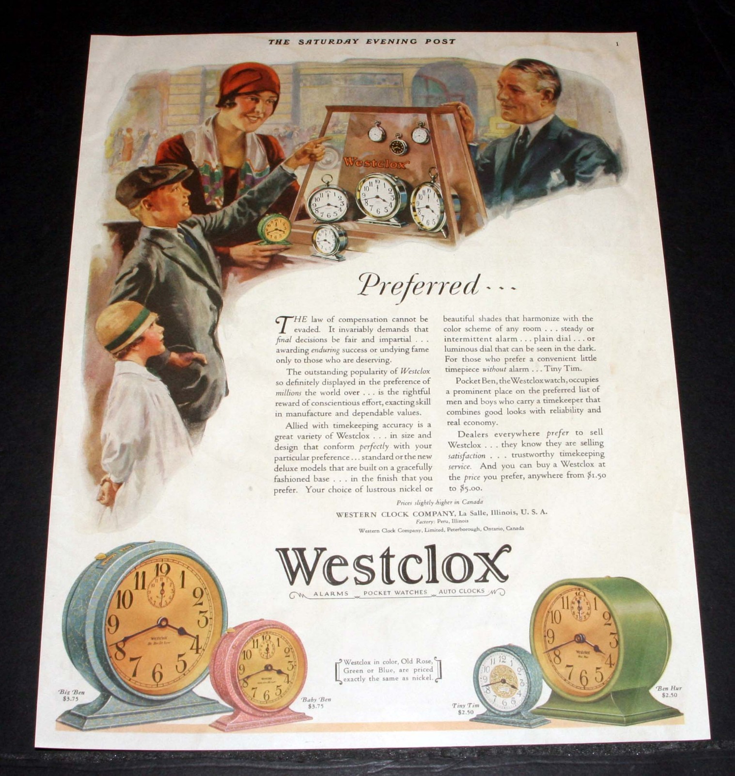 1929 OLD MAGAZINE PRINT AD, WESTCLOX BIG BEN ALARM CLOCKS, COUNTER ...