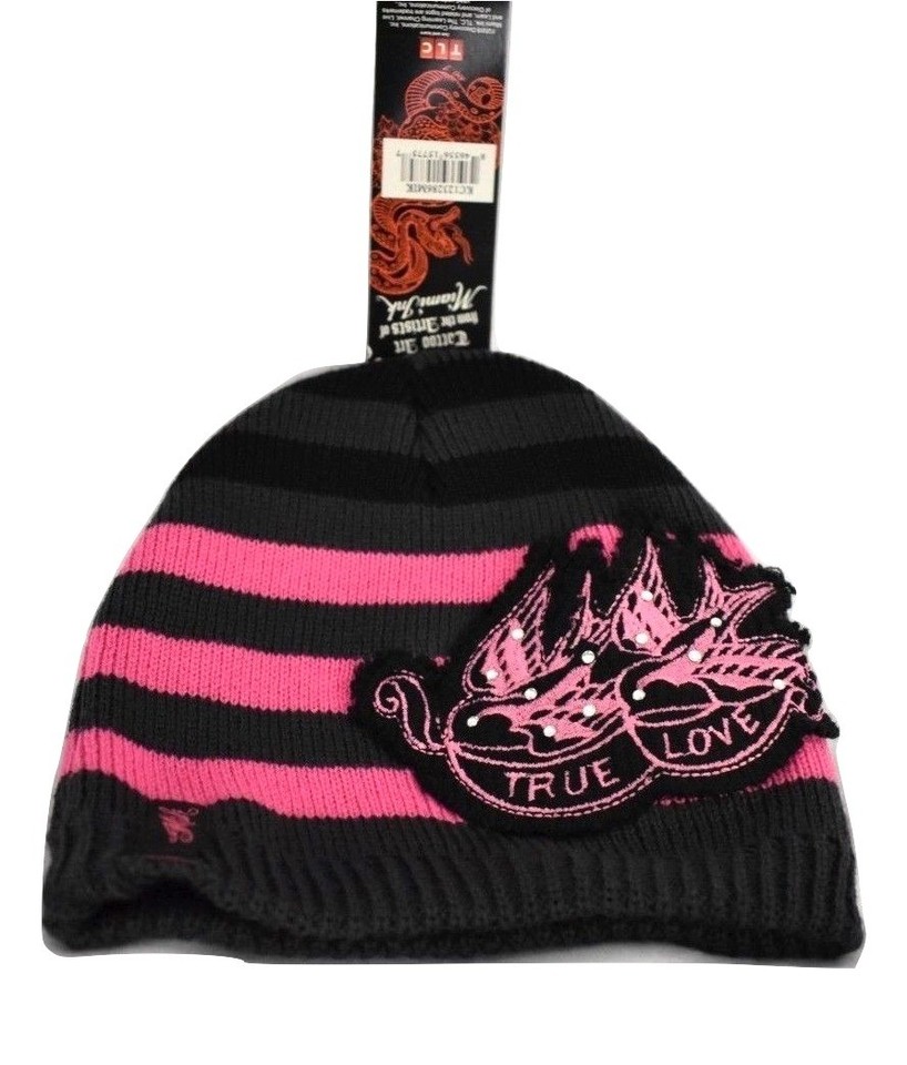 Miami Ink Womens True Love Sparrows Black & Pink Beanie Knit Hat New ...