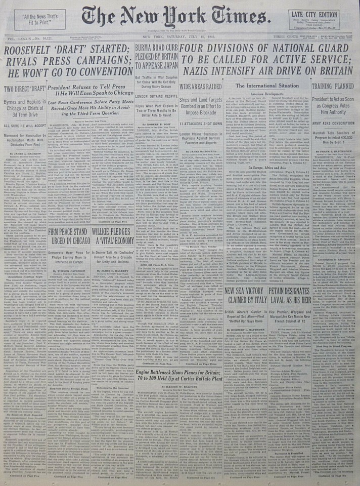 7-1940 WWII July 13 FOUR DIVISIONS OF NATIONAL GUARD TO BE CALLED ...