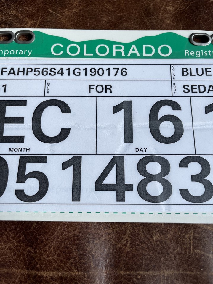 2016 Colorado TEMPORARY License Plate vintage Temp TAG # 951483 U Ford ...