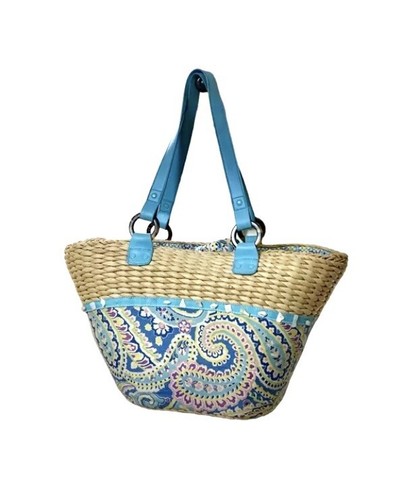 Vera Bradley XLARGE Capri Blue Woven Straw Beach Tote Bag Pool Towel ...