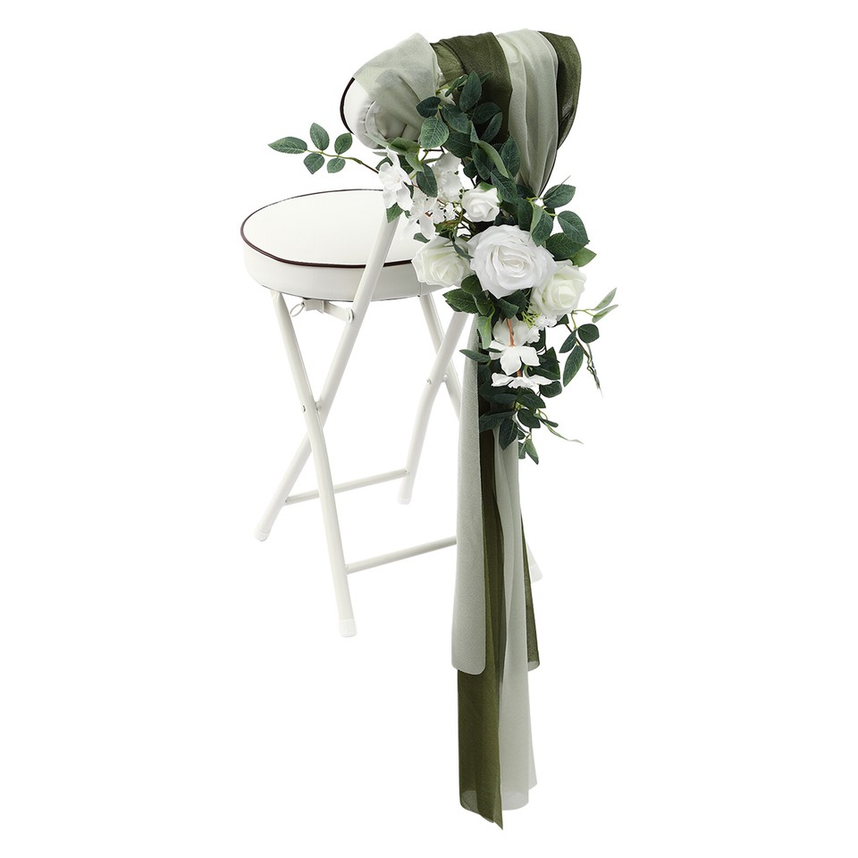 6PCS Artificial Flower with Fabric Green Ribbon Chair Cover Wedding ...