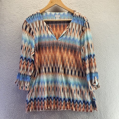 Chicos Tunic Aztec Linen Blouse Womens Medium 1 Blue Long Sleeve Shirt ...