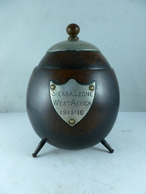 RARE antique WW1 trench art coconut tea caddy with shield SIERRA LEONE ...