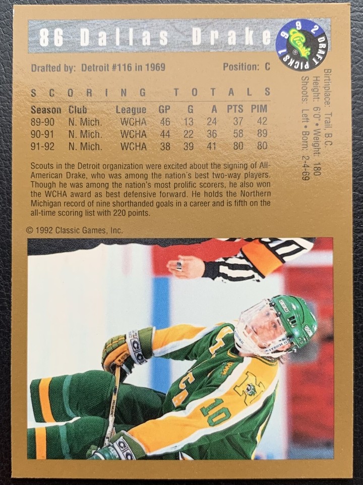1992 HOCKEY CLASSIC DRAFT PICKS DALLAS DRAKE DETROIT REDWINGS RC #86 NM ...