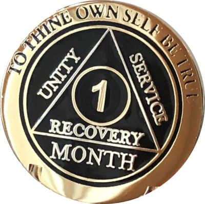 1 Month AA Medallion Elegant Black Gold & Silver Plated Sobriety Chip ...