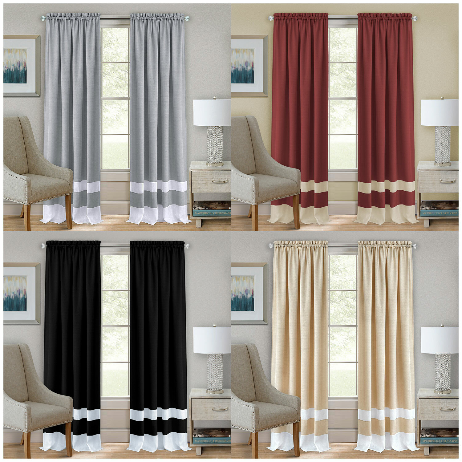 Modern Two-Tone Window Curtain Double Layer 2-Pack Panels Set Kitchen ...