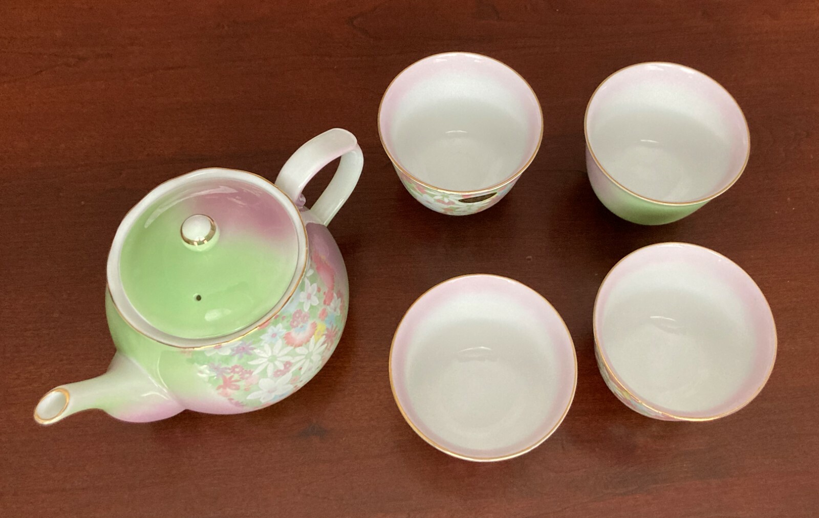 Japan Tea Set, Pot w/Lid 4 Cups Green & Pink Pastel Floral | eBay