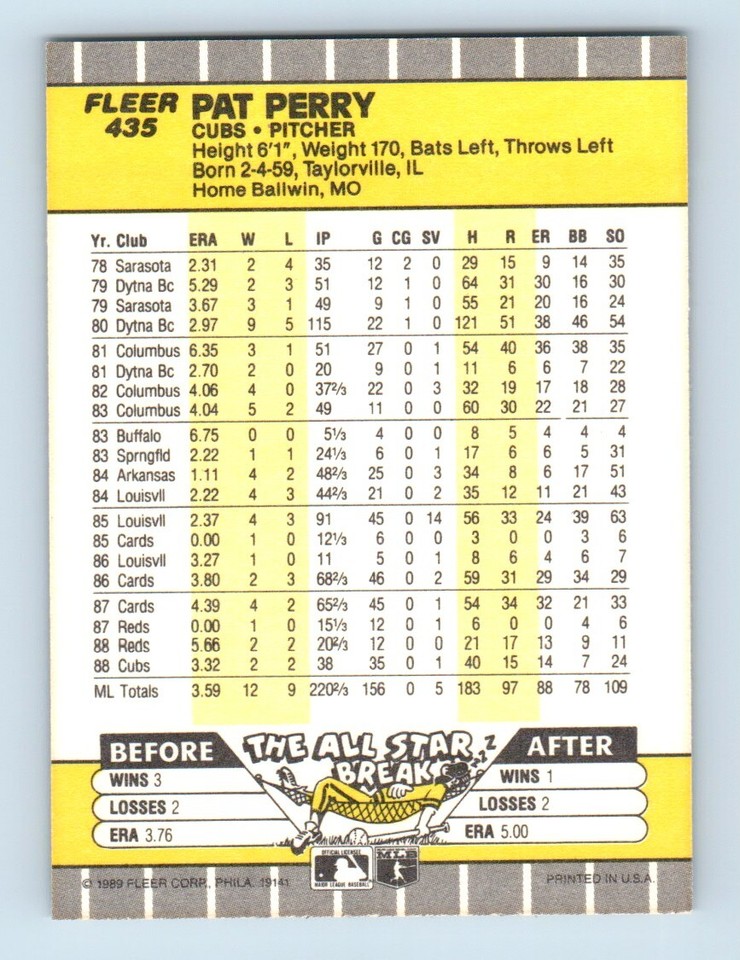1989 Fleer Pat Perry Chicago Cubs #435 | eBay