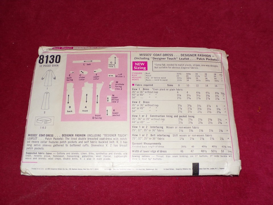 🌼 1969 SIMPLICITY #8130 - LADIES DESIGNER DOUBLE BREAST COAT DRESS ...