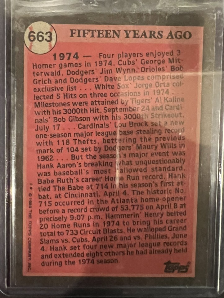 1989 Topps Hank Aaron Turn Back The Clock Insert #663 NM-MT Braves HOF ...