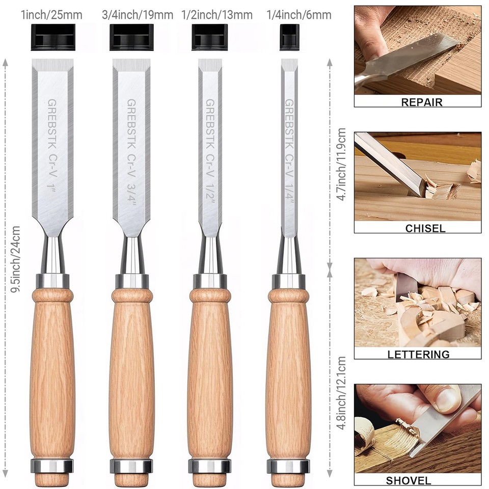 4 Pcs Wood Chisel Set, CRV Steel Bevel Sharp Edge Bench Chisels with ...