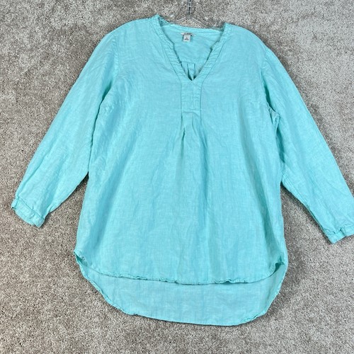 LL Bean 100% Linen Tunic Top Womens Size L Teal 3/4 Sleeve V-Neck ...