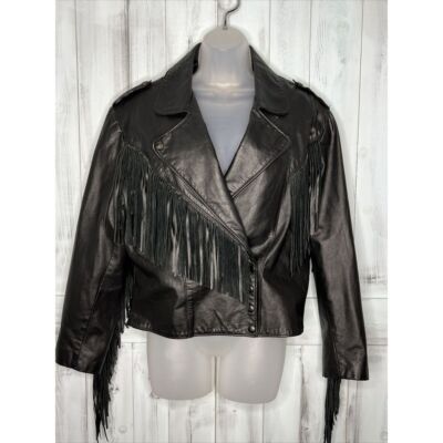 WOMENS LARIAT 100% LEATHER USA BLACK FRINGED MOTO RODEO WESTERN BIKER ...