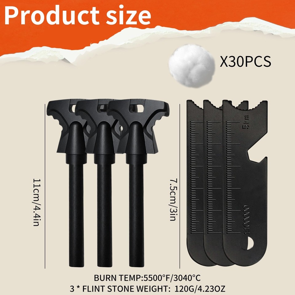3PCS Magnesium Fire Starter with Striker, High Temp Magnesium Rod ...