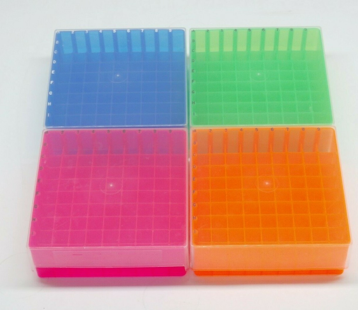 Lot of 4 Colorful Plastic 9 x 9 Cryogenic Sample Vial Storage Cryoboxes ...