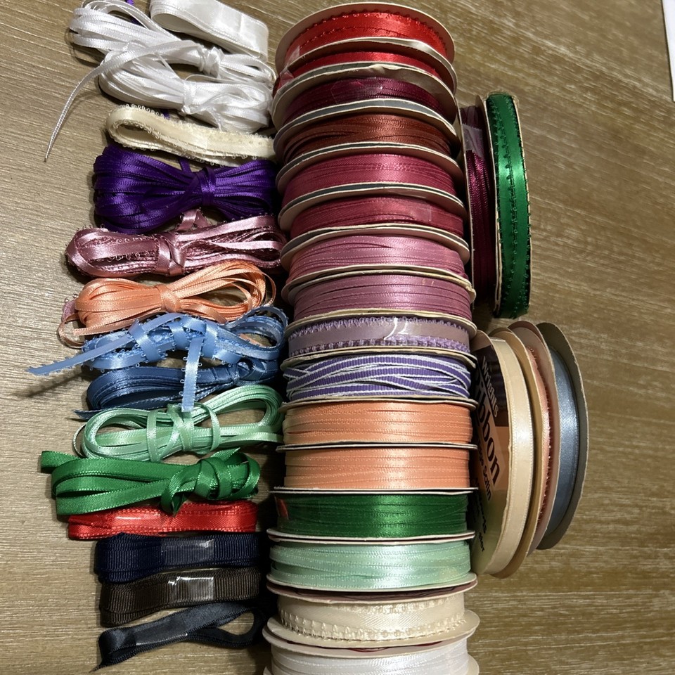 Lot Bulk Satin Ribbons, Most Satin 1/8” or 1/4”, Most Pastels plus Reds ...