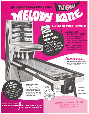 Melody Lane Chicago Coin Shuffle Alley Puck Bowler Game Arcade Flyer ...