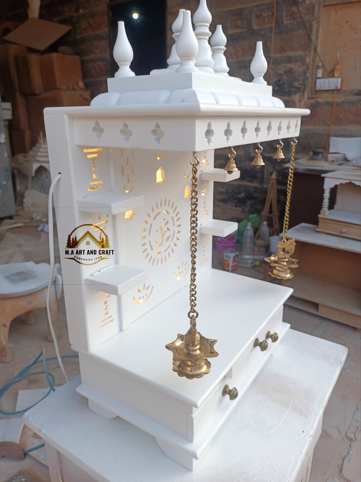 Wooden Temple Mandir White Hanging Bells Handcrafted Mandir Pooja Ghar ...