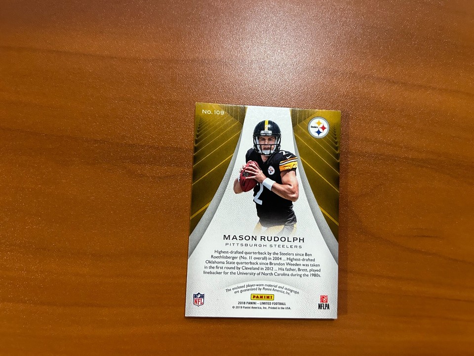 2018 Panini Limited Mason Rudolph Laundry Tag Auto Patch 1/1 NFL Shield ...
