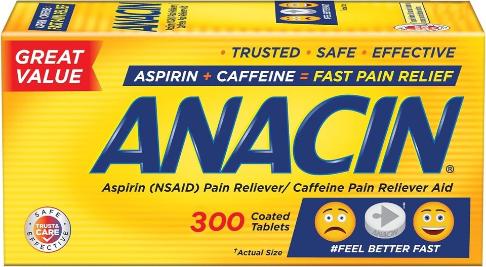 Anacin Fast Pain Relief Aspirin + Caffeine, 300 Coated Tablets | eBay