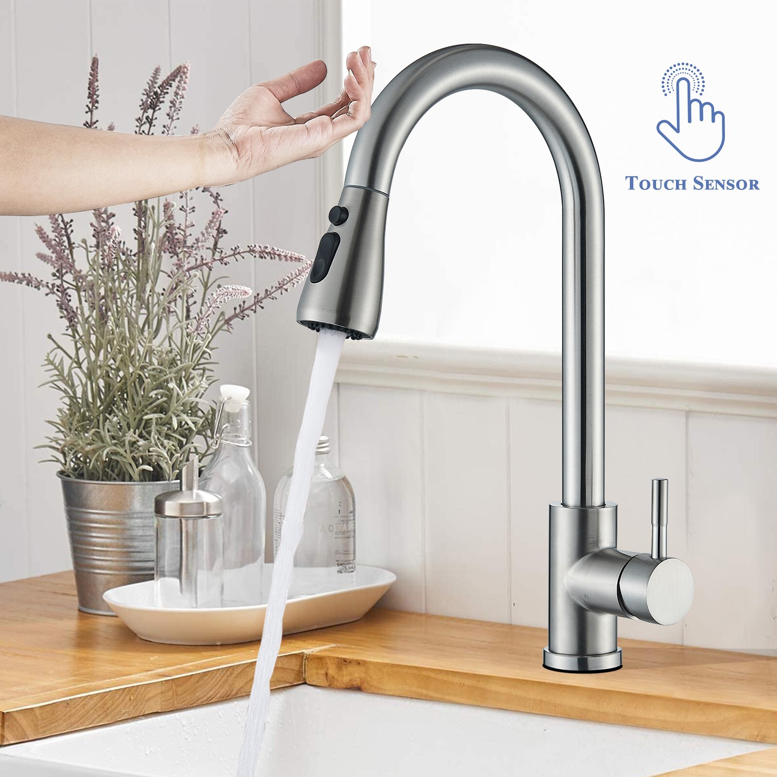 Touch Sensor Kitchen Faucet Pull Down Sprayer Swivel Sink Mixer Brushed ...
