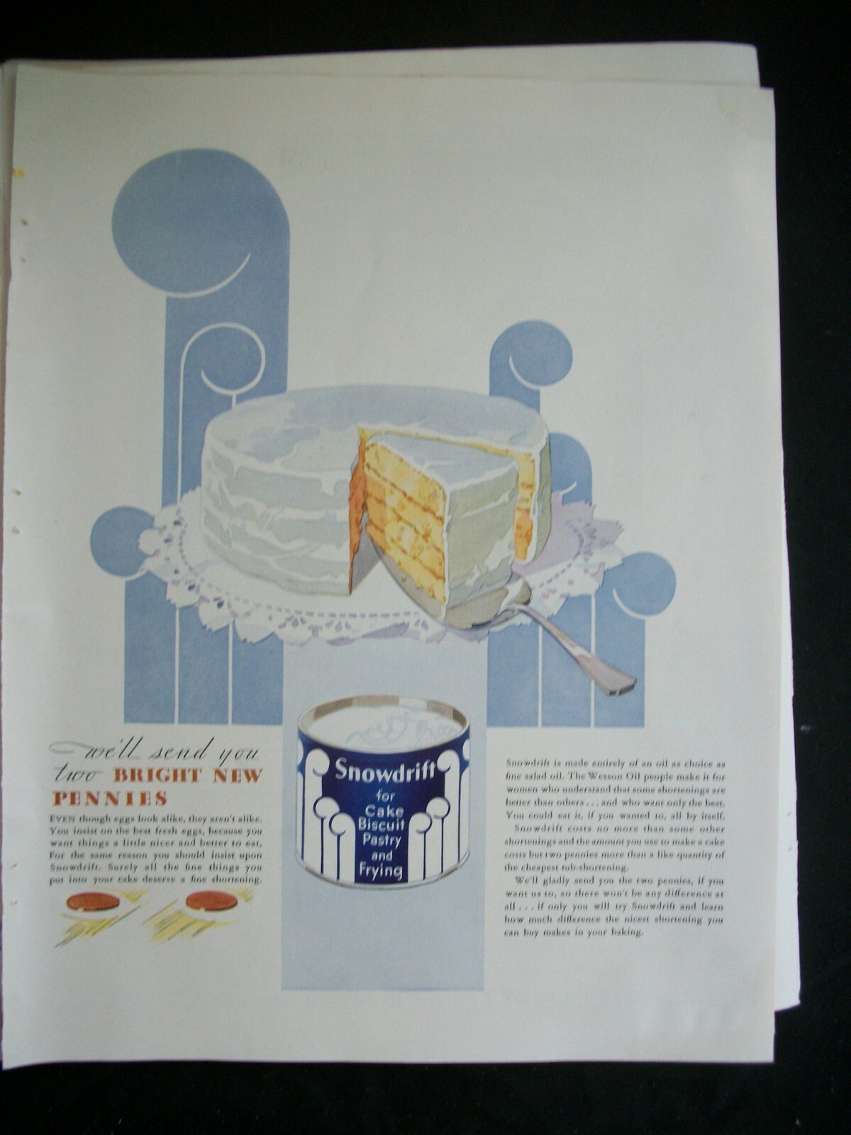 VTG 1930 Original Magazine Ad Snowdrift Lard For Cake Biscuit Pastry ...