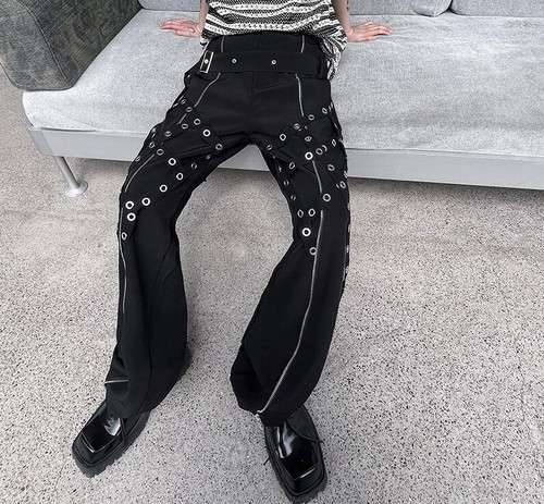 Hot Men's Fashion Punk Gothic Rivet Buckle Strap Black Trousers Party ...