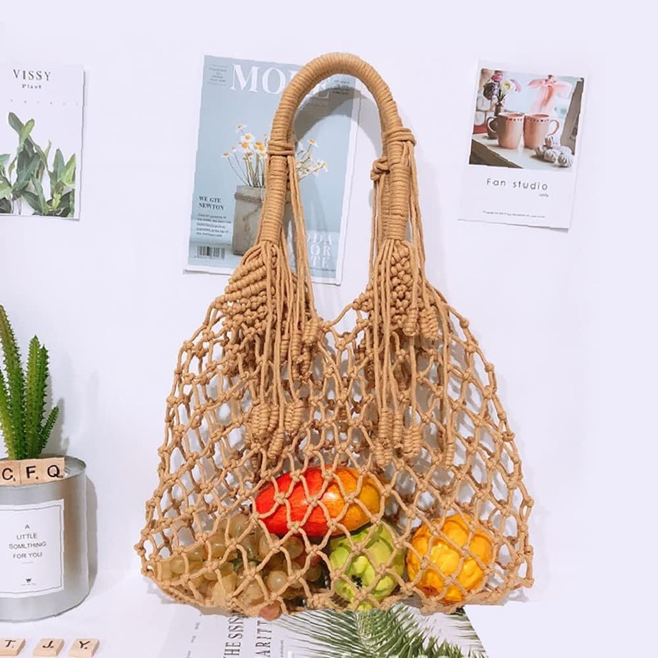 Women's Beach Straw Handbag Woven Tote Fishing Net Bag Large Capacity B ...