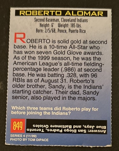1999 Sports Illustrated For Kids SIFK Roberto Alomar Card #849 Indians ...