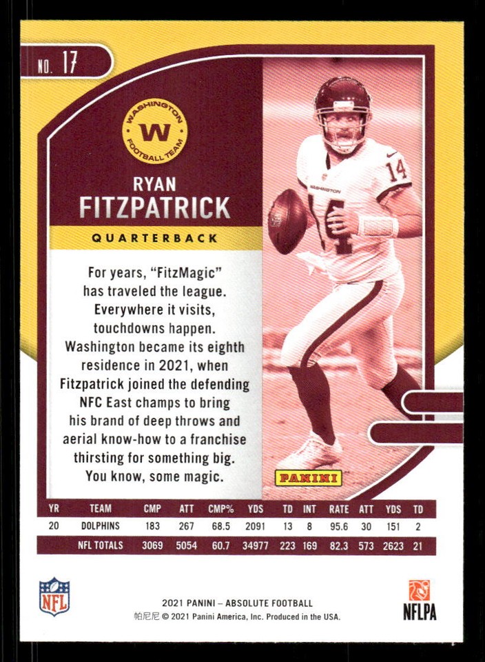 Ryan Fitzpatrick 2021 Panini Absolute #17 Washington Football Team | eBay