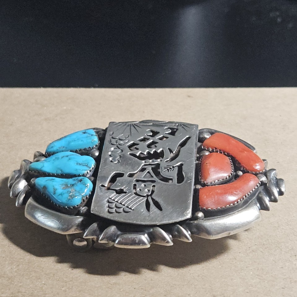 VINTAGE NAVAJO-BRANCH CORAL, TURQUOISE, STERLING SILVER BUCKLE BY ...