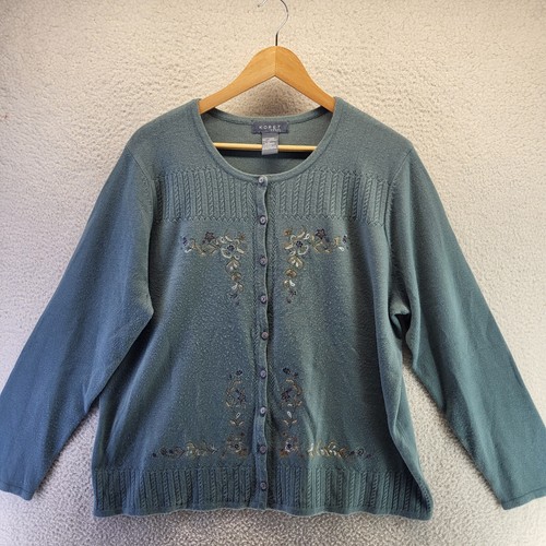 Vintage Floral Embroidered Cardigan Sweater Womens Size 1X Green Button Front | eBay