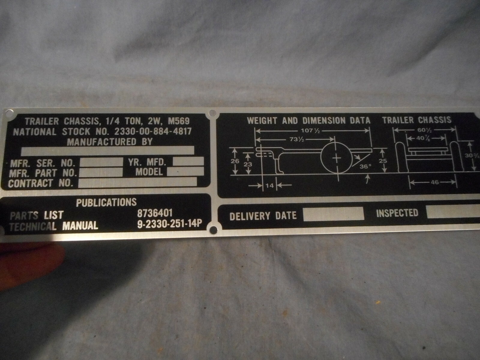 M416/M569 Weight Dimension Operation Shipping Data Plate M151 M38 M715 ...