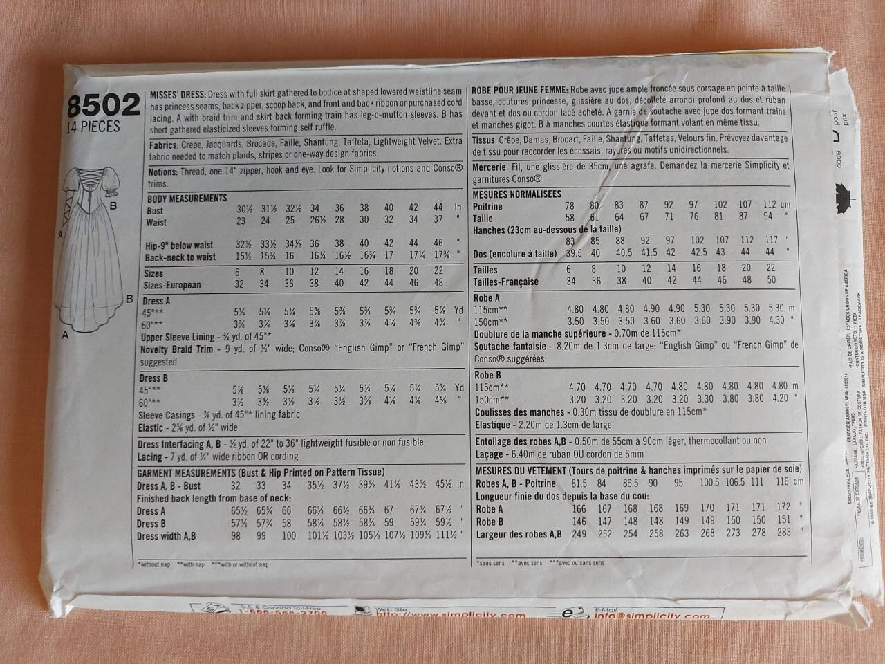 Simplicity 8502 BEGOTTEN Wedding Renaissance Dress Pattern 12 14 16 | eBay