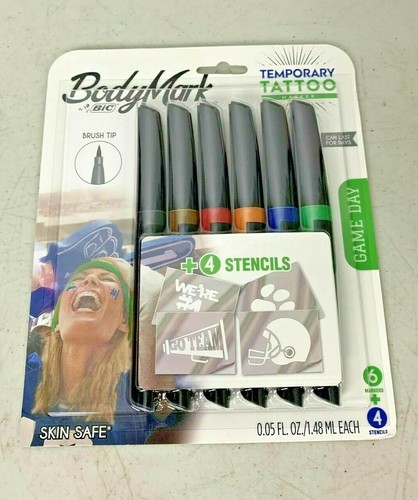 BIC BodyMark Temporary Tattoo Markers Game Day 6 Markers 4 Stencils NEW ...