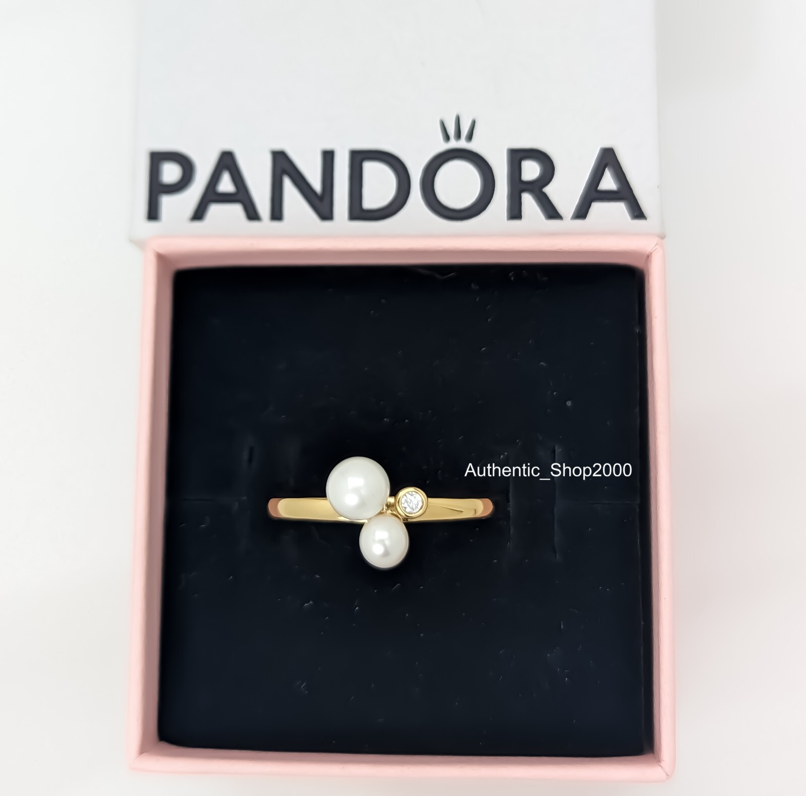 NEW 100% Authentic PANDORA Brand Gold White Duo Pearls & Stone Ring ...
