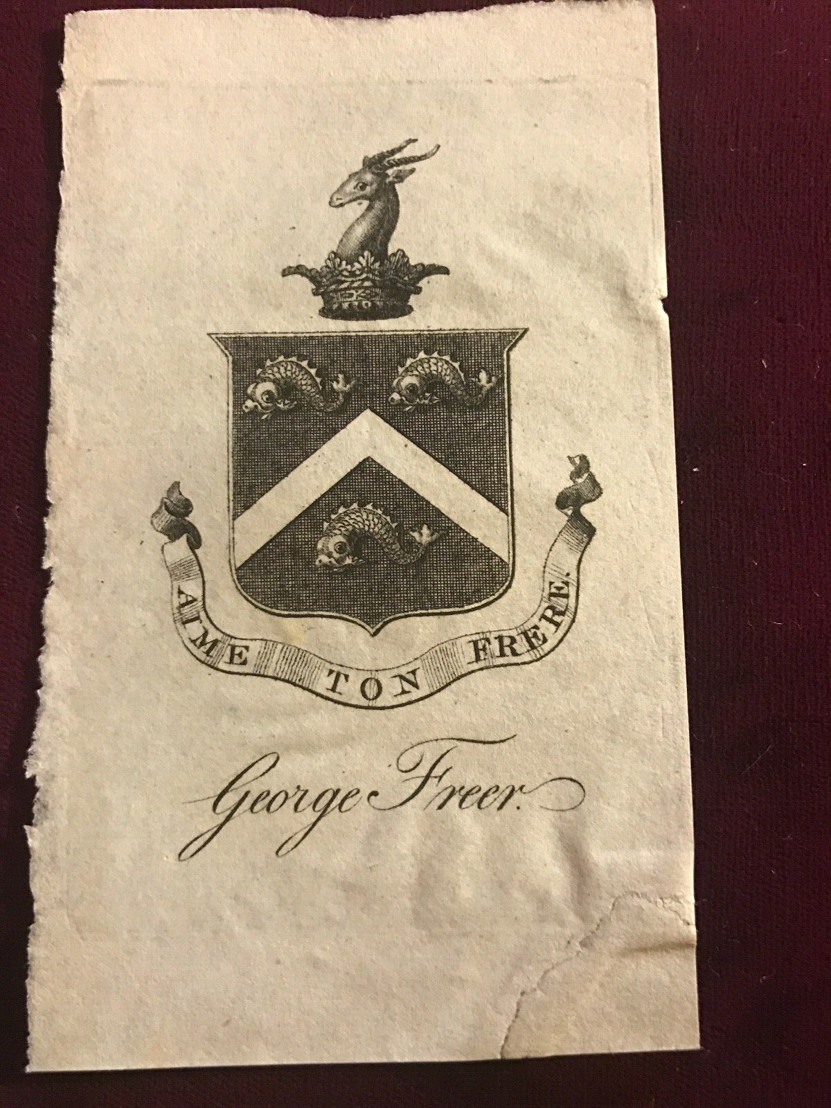 19th Cent Original Armorial EX LIBRIS BOOKPLATE George Freer | eBay