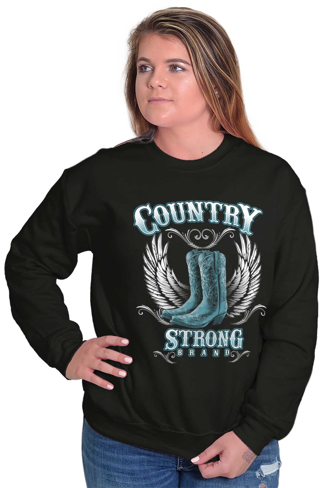 Cool Country Strong Brand Cowboy Boots Wings Womens or Mens Crewneck ...