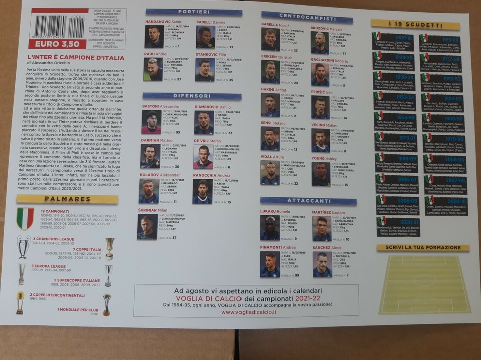 Maxi Poster Team FC Inter Campioni D'Italia 2020/2021 Shield N°19 ...